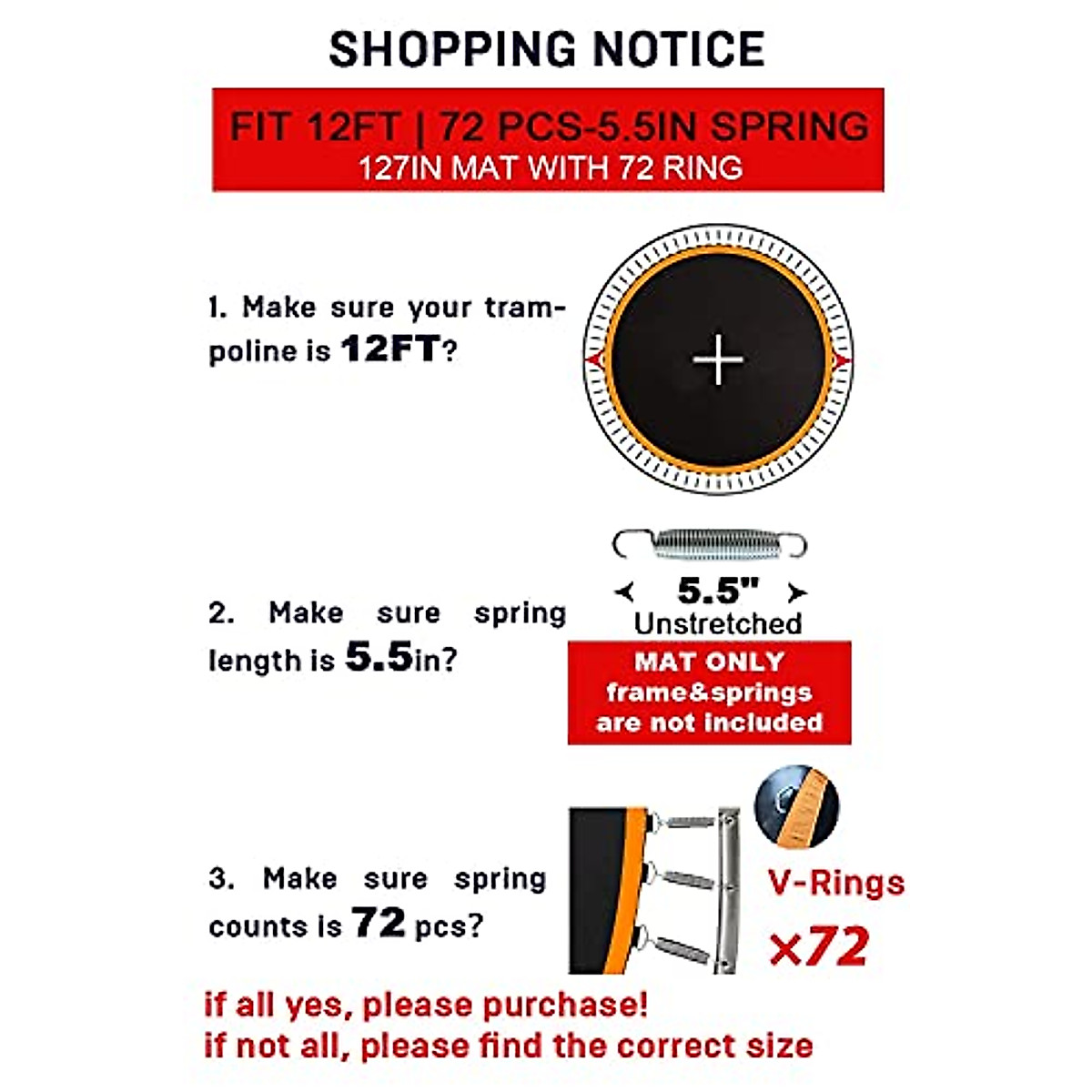 JumpTastic 127in Trampoline Mat, Fits 12Ft Frame Use 5.5in Spring (Not Include Spring, Mat's Diameter:127in)