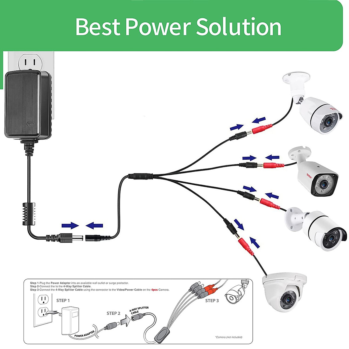 Security-01 AC 100-240V to DC 12V 2A Power Supply Adapter with 4 Ways Splitter Cable for Security Camera/DVR/NVR/Led Strip Lights/Router/Monitor/Keyboard,UL Listed