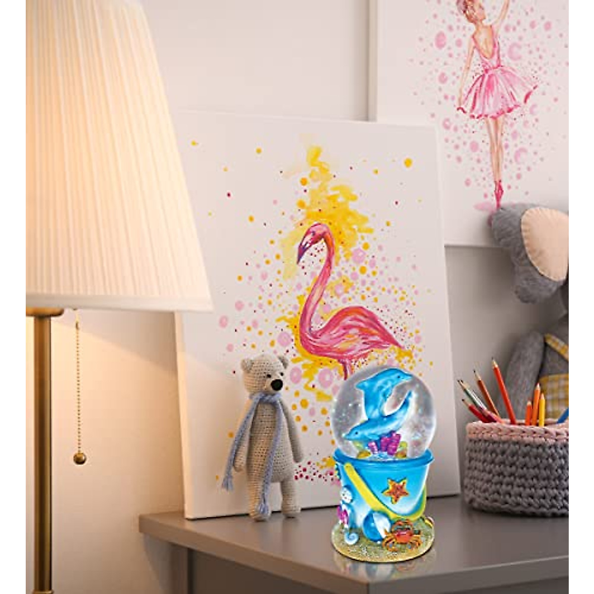 COTA Global Dolphin Sand Bucket Snow Globe - Water Globe Figurine with Sparkling Glitter, Collectible Novelty Ornament for Home Decor, for Birthdays, Christmas, and Valentine's - 65mm