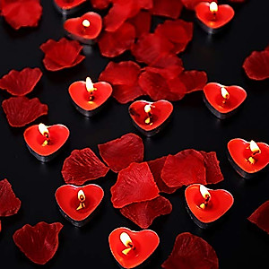 Tatuo 50 Pieces Heart Shape Candles Romantic Tealight Candles and 200 Pieces Silk Rose Petals Faux Flower Petals for Valentine's Day Festival Wedding Birthday Party (Red Candle, Red Petal)