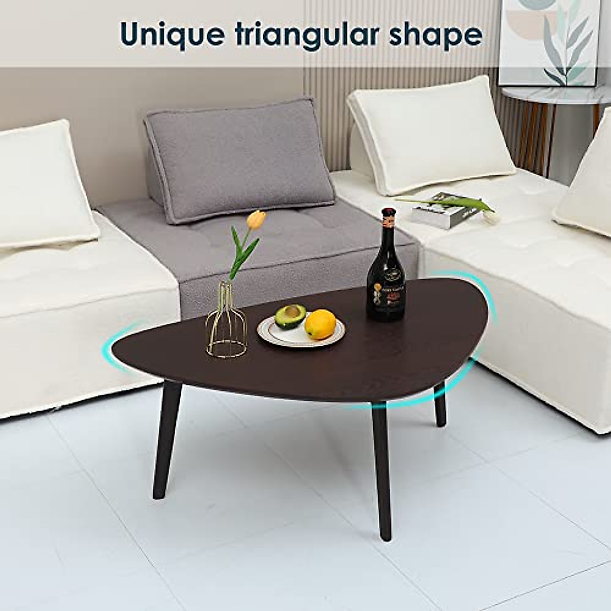 Small Coffee Table Modern Mid Century Coffee Tables Wooden Vintage Oval Chic for Living Room,Natural Wood Texture,Unique Triangle Tabletop,Oak Leg,Easy Assembly