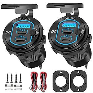 12v USB Outlet USB C Aluminum Car Charger Socket 2 Pack: Newest 58W Lengthened RV USB Outlet 12v Socket Dual USB-C 20W PD3.0 and 18W QC3.0 Car USB Port with Button Power Switch Mounting Panel