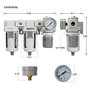 1/2" NPT Air Dryer System, 5 Micron Particulate Filter, 0.5＆0.01 Micron Coalescing Filters, Air Pressure Regulator Combo, 0-150 psi Gauge, Semi-Auto Drain, Poly Bowl, Metal Bracket
