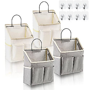 4 Pack Wall Hanging Storage bag Fabric Hanging Bag Organizer with 4 Pockets Wall Basket Organizer Hanging Storage Basket with 8 PCS Sticky Hooks for Bathroom Kitchen Dormitory (2 White+2 grey)