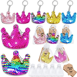 CiciBear 60 Pack Double-deck Crown Sequin Keychain Set with 20 Crown Keychains, 20 Thank You Tags and 20 Gift Bags for Birthday Party Favor, Kids and Adult Birthday, Baby Shower, 5 Colors