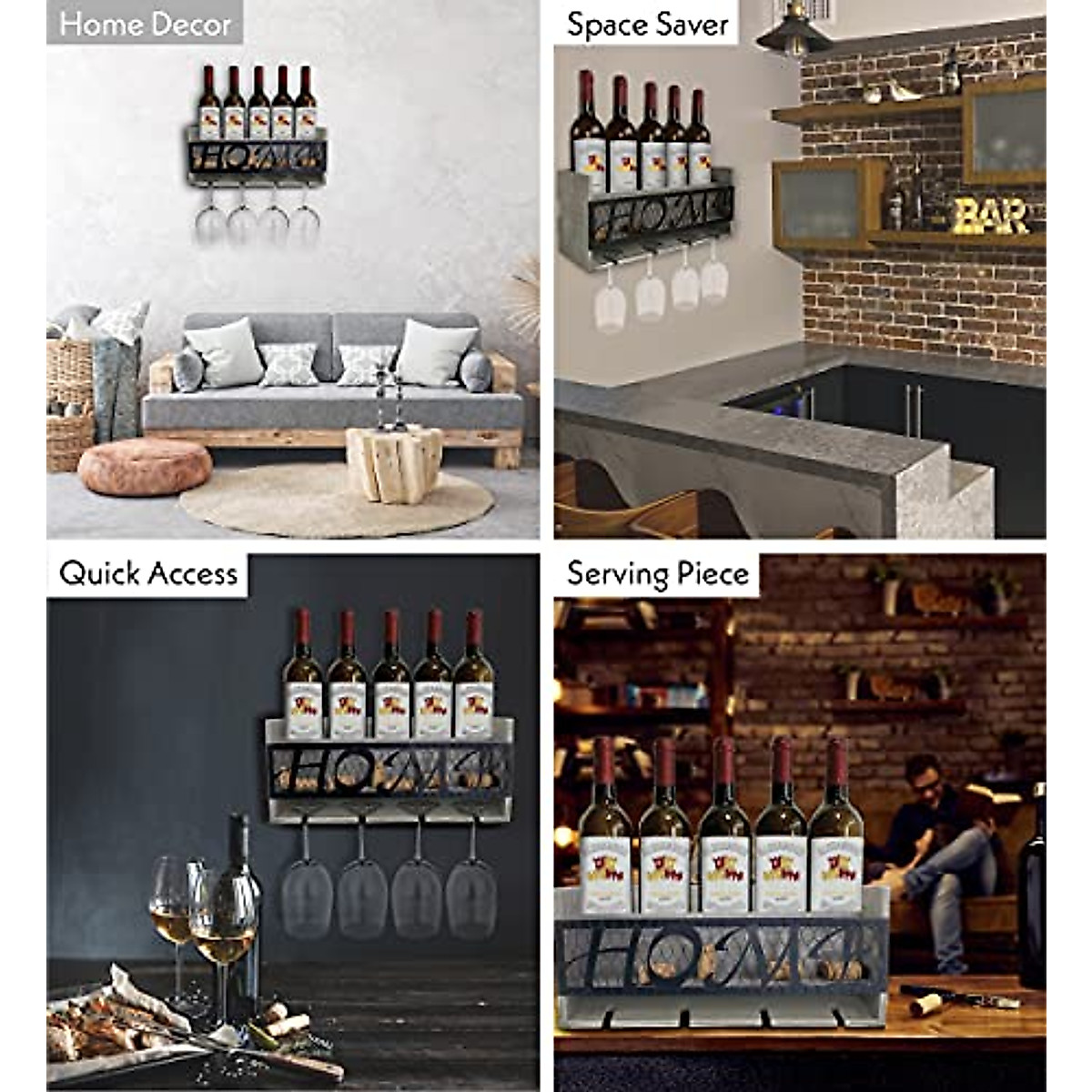 CoTa Global Modern Grey Wall Mounted Wine Rack - Wooden Wine Bottle Holder for 5 Bottles & 4 Wine Glasses with Cork Storage, Hanging Metal Home Sign & Organizer Wood Shelf for Wine Bar & Home Décor