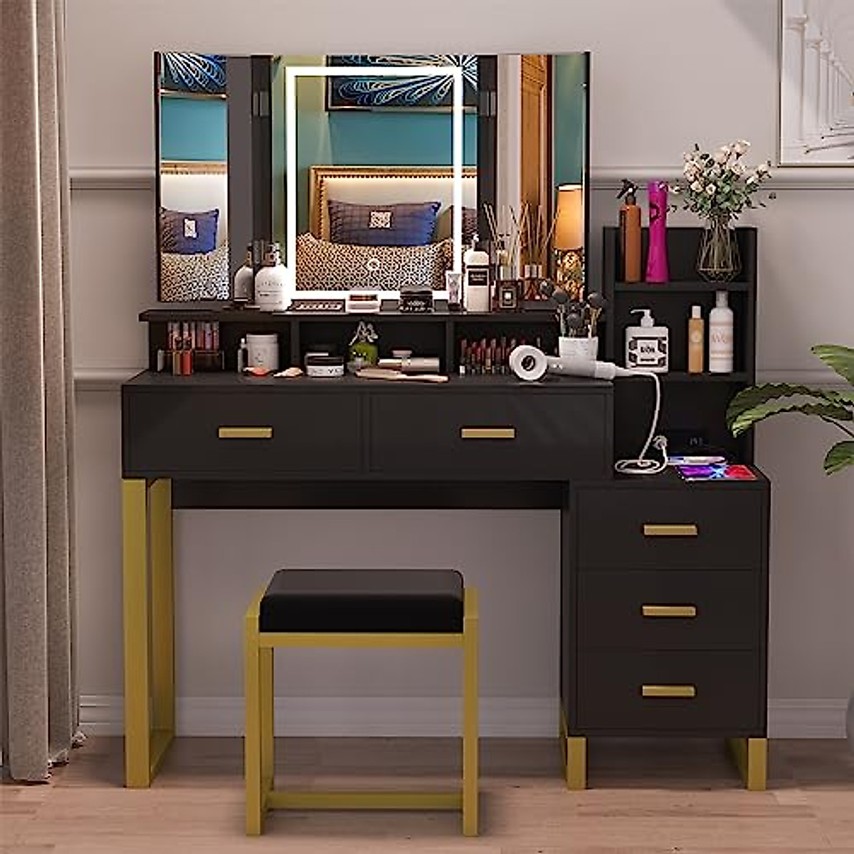 PAKASEPT Makeup Vanity with Tri-fold Makeup Mirror, Vanity Desk with 3-Color Adjustable Touch Light, Charging Station, Vanity Table with Nightstand,5 Drawers, Storage Shelves&Cushioned Stool…