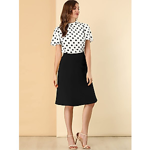 Allegra K Women's Polka Dots Blouse Stand Collar Pleat Keyhole Back Short Flare Sleeve Tops Medium White Black