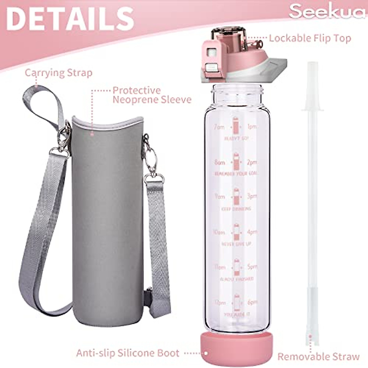 Seekua 32 oz Sports Glass Water Bottle with Straw and Time Marker, Large Resuable Motivational Glass Drinking Bottle for Infused Water, Fruit, Smoothie, Coffee