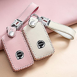 SANRILY Cowhide Leather Key Fob Cover for Volvo XC90 2017 2018 2019 XC60 S90 V90 Key Fob Keyless Full Protection Smart Key Case with Keychain Pink