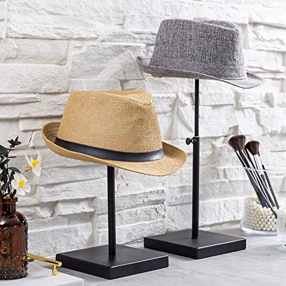 MyGift Adjustable 17.5 Inch Hat Rack Stand with Fabric Covered Dome, Tabletop Black Metal Hat, Wig, Veil and Head Accessories Display Holder, Adjust 11.5 to 17.5 Inch Height, Set of 2