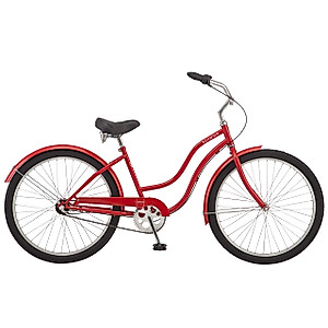 Schwinn Mikko Adult Beach Cruiser Bike, Featuring 17-Inch/Medium Steel Step-Over Frames, 3-Speed Drivetrains, Red