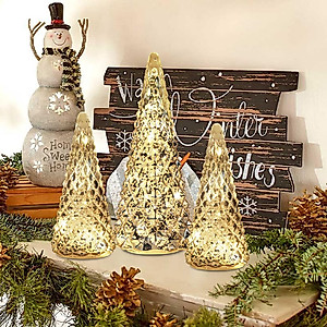 Christmas Decorations Indoor, YEAHOME Set of 3 Pre-lit Gold Glass Christmas Tree for Home Decor, Christmas Table Decorations Lighted Xmas Tree with Timer for Living Room Mantel Tabletop Party