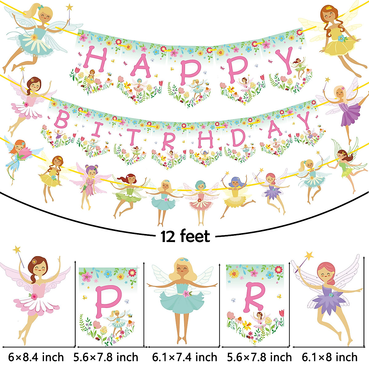 22Pcs Flower Fairy Birthday Decorations Garden Fairy Hanging Swirls Happy Birthday Banner Magical Fairy Cake Topper for Girls Birthday Party Baby Shower Decor