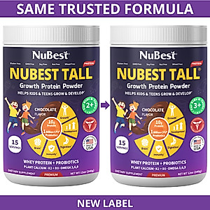 NuBest Tall Protein Powder for Kids & Teens - Whey Protein Powder - Chocolate Protein Powder Shake - Protein Drink with Probiotics, Omega 3-6-9, Vitamin D3 + K2, Calcium, Vitamin - 15 Servings