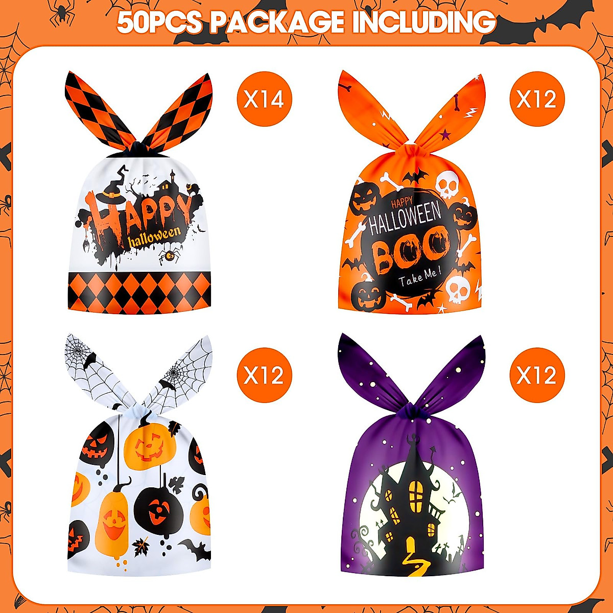 50 Pack Halloween Goodie Bags - Plastic Halloween Treat Bags, Happy Halloween Goody Bag, Trick or Treat Rabbit Ear Candy Treat Snack Cookie Gift Favor Bags for Kids Halloween Party Supplies Favors