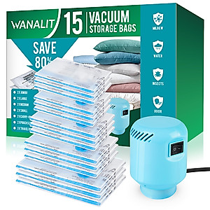 Vacuum Storage Bags with Electric Air Pump, 15 Pack (3 Jumbo, 3 Large, 3 Medium, 3 Small, 3 Roll Up Bags) Space Saver Bag, Vacuum Sealer Bags for Clothes, Blanket, Duvets, Pillows, Comforters, Travel