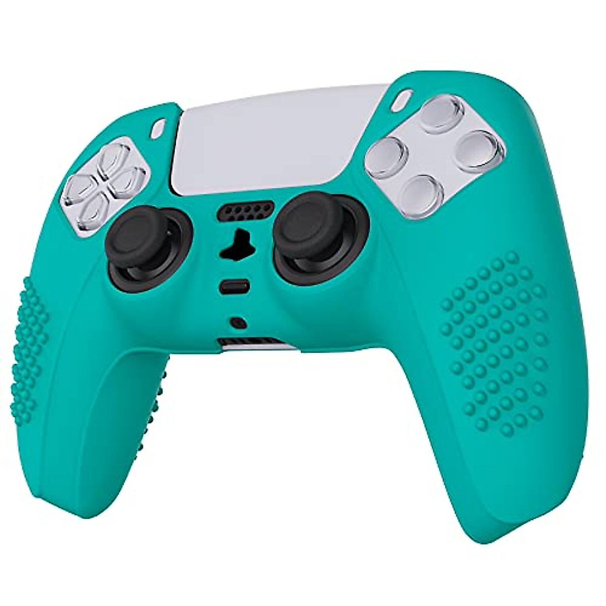 PlayVital Aqua Green 3D Studded Edition Anti-Slip Silicone Cover Skin for ps5 Controller, Soft Rubber Case for ps5 Wireless Controller with 6 White Thumb Grip Caps