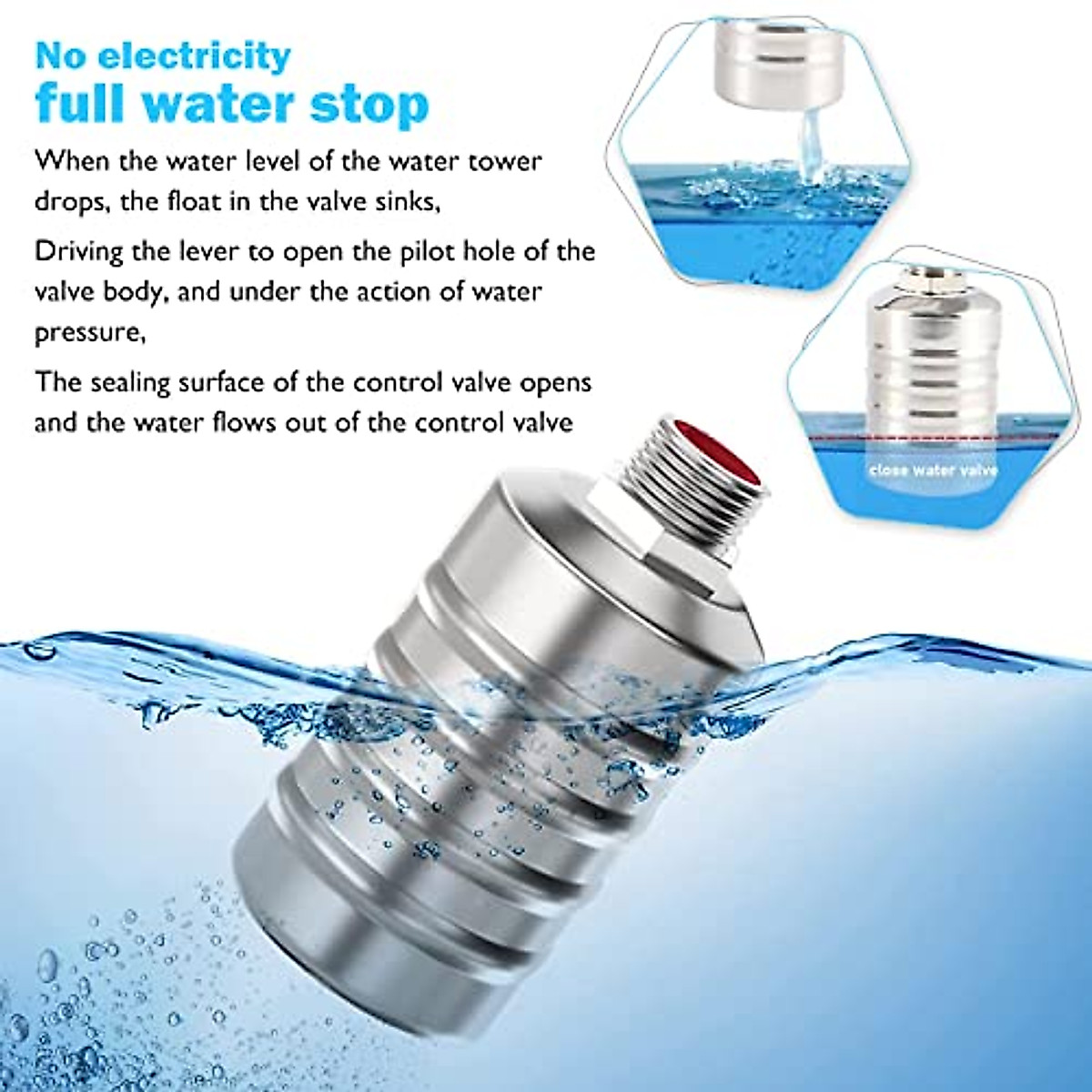 304 Stainless Steel Fully Automatic Water Level Control Float Valve, 1/2" 3/4" Auto Shut Off Mini Float Valve, No need electricity Automatic Water Level Controller for Water Tank, water towers