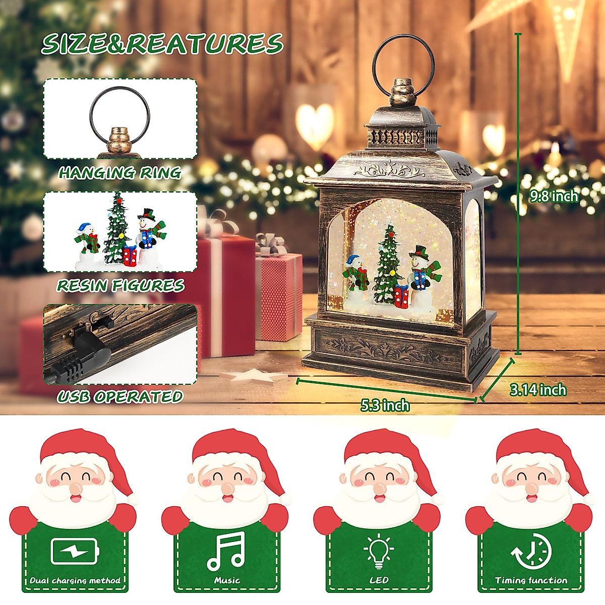 Christmas Snowman Snow Globe, Snowman Musical Lantern with 6 Hour Timer USB Lined/Battery Operated Retro Style Holiday Glitter Globe for Xmas Indoor Decoration and Santa Gifts