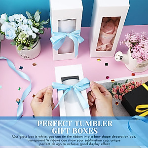 PerKoop 24 Pcs Tumbler Gift Boxes with Ribbon Sublimation Tumbler Transparent Exhibition Gift Boxes 12 oz, 20 oz, 30 oz Heat Press Sublimation Blanks Skinny Tumbler Gift Wrapping (White, Blue)