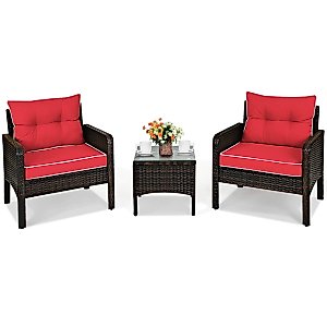 COSTWAY 3PCS Patio Furniture Set, Outdoor Wicker Cushioned Sofa Set with Coffee Table, All Weather Rattan Conversation Set for Garden Balcony Backyard Poolside Lawn, Red