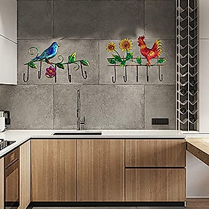 JFRISING Rooster & Bird Wall Hooks Hanging Plaque Sculpture, Sturdy Indoor Outdoor Metal Wall Art Decor with Life-Like Flower for Coat Keys Apron Towel Hook, Easy to Install 2 Pack