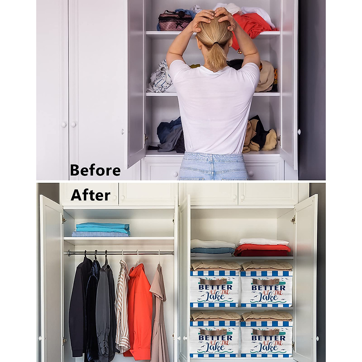 Summer Beach Storage Basket Waterproof Cube Storage Bin Organizer with Handles, Life is Better at the Lake Blue Plaid Wooden Collapsible Storage Cubes Bins for Clothes Books Toys 15"x11"x9.5", 2 Pcs