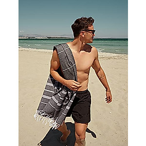 SMYRNA TURKISH COTTON Classical Series Beach Towel | 71 x 37 in 100% Cotton | Extra Large Wearable Turkish Bath Towel | Made in Turkey | No Shrink | Premium Luxury Striped Linen - Black