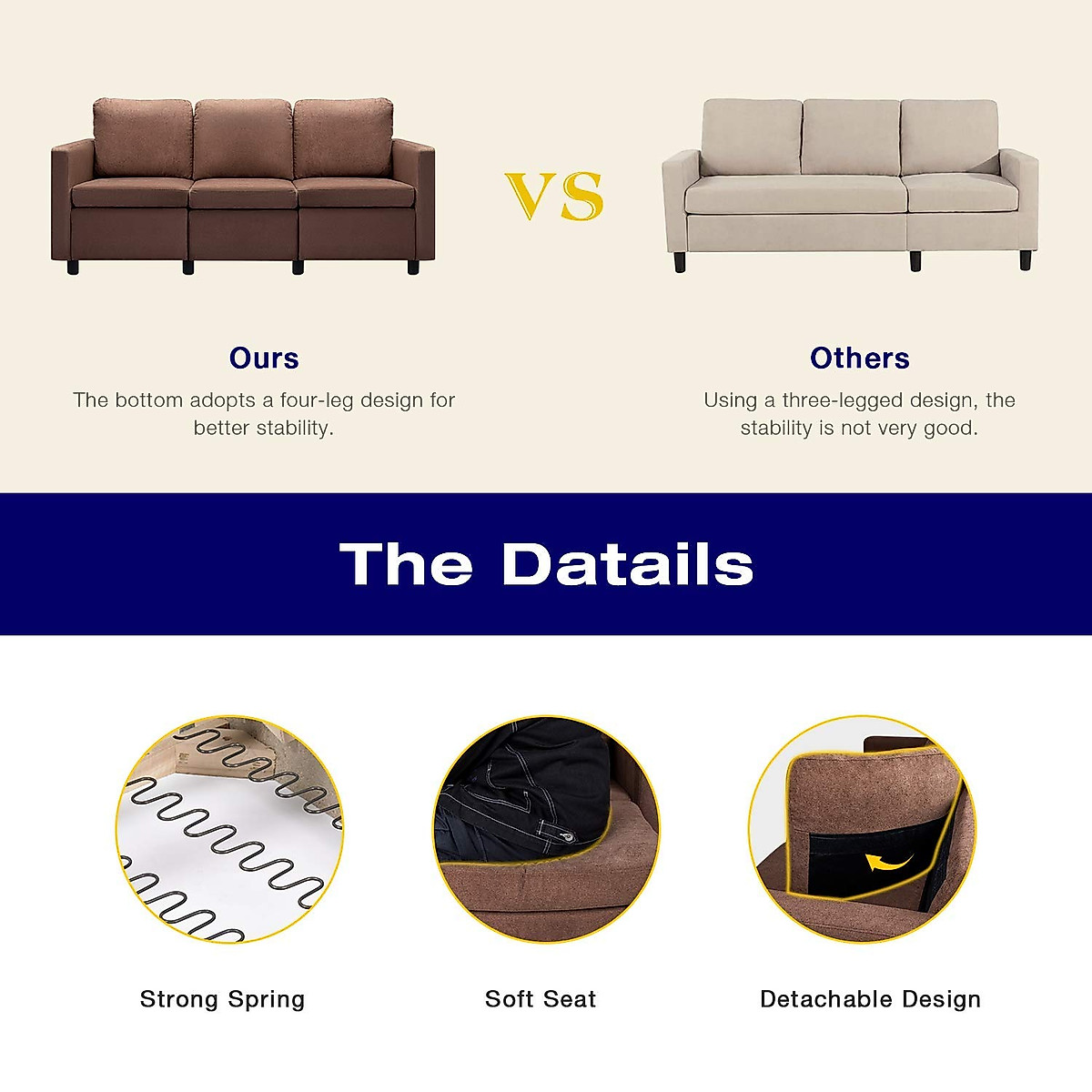 Flamaker Convertible Sectional Sofa L-Shaped Couch 3-seat Modern Fabric Reversible Sofa Couch for Living Room (Brown)