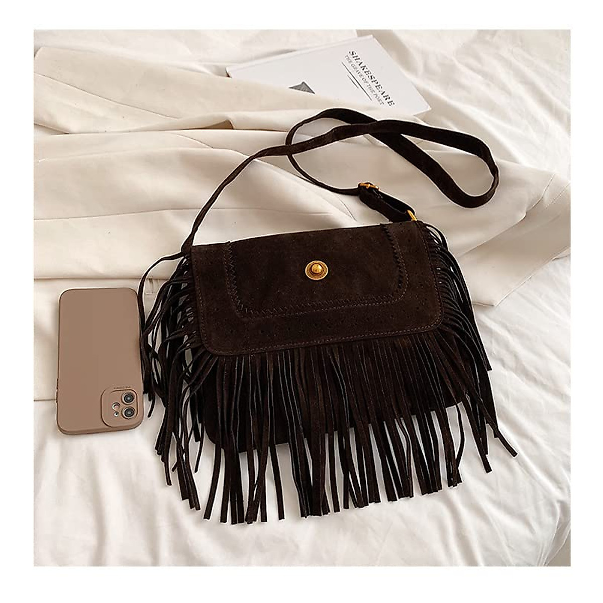 Vintage Western Cowgirl Style Fringe Crossbody Bags Country Women Hobo Hippie Grunge Tassel Faux Suede Shoulder Bags (Coffee,One Size)