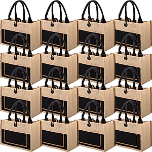 16 Pieces Jute Burlap Totes Jute Tote Bags Reusable Burlap Bags with Handles for Wedding Shopping, 11.8 x 7.87 x 5.5 Inches (Black)