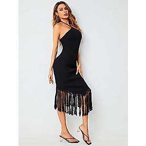 Floerns Women's Asymmetrical Fringe Hem Sleeveless Party Bodycon Long Dress Pure Black M