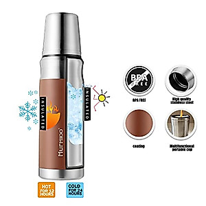 Murmioo travel vacuum flask，stainless steel insulated bottle, built-in cap cup, cold for 24 hours, heat for 12 hours, BPA Free leak proof, sweat free 17oz/500ml Brown