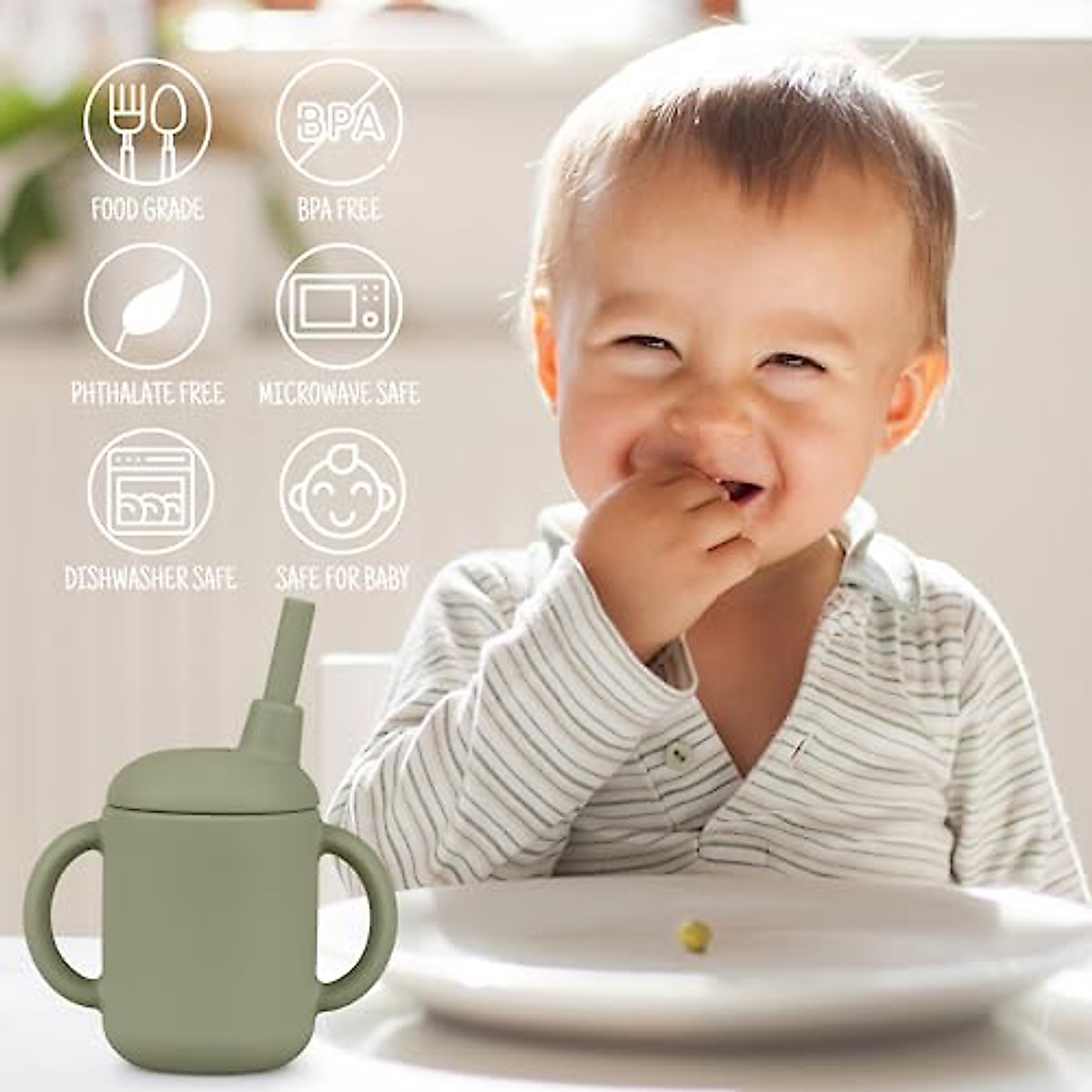 Mintlyfe Silicone Baby Cups With Lids, Silicone Trainer Cup Toddler for Boys and Girls, Training Straw Cup, Unbreakable, Spill Proof and Non-Slip Handles Sippy Cup for Toddlers, 4 oz (Sage)