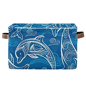 susiyo Large Foldable Storage Bin Dolphins Fabric Storage Baskets Collapsible Decorative Baskets Organizing Basket Bin with PU Handles for Shelves Home Closet Bedroom Living Room-2Pack