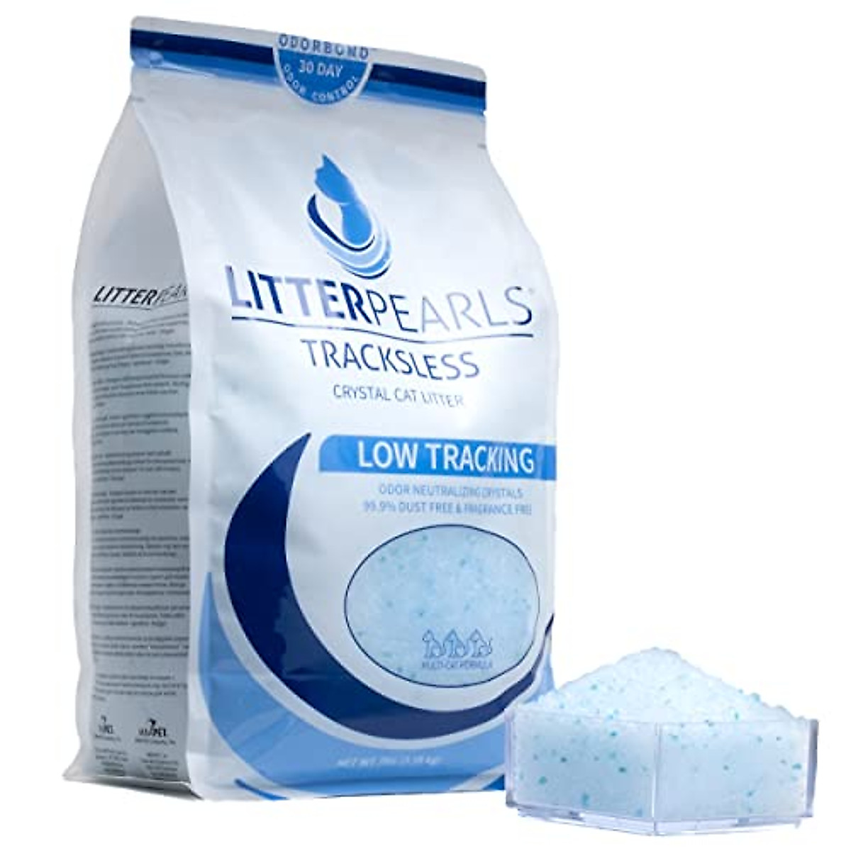 Litter Pearls Tracksless Unscented Non-Clumping Crystal Cat Litter with Odorbond, 7 lb, White, Clear and Blue Crystals