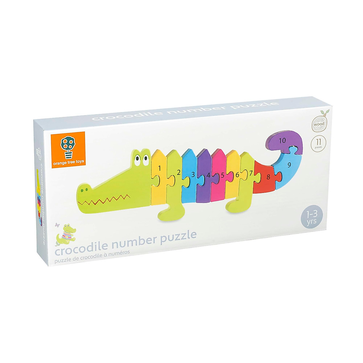 Orange Tree Toys: Crocodile Number Puzzle - 11 Piece Wooden Animal Shaped Puzzle, Learn Numbers 1-10, Colorful Educational Toy, Toddlers & Kids Age 1+
