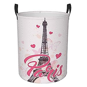 FeHuew Paris Eiffel Tower Pink Heart Collapsible Laundry Basket with Handle Waterproof Fabric Hamper Laundry Storage Baskets Organizer Large Bins for Dirty Clothes,toys,Bathroom