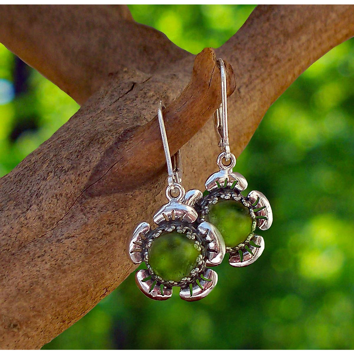 Recycled Early 1900's Olive Green Wine Bottle Sterling Silver Flower Leverback Earrings