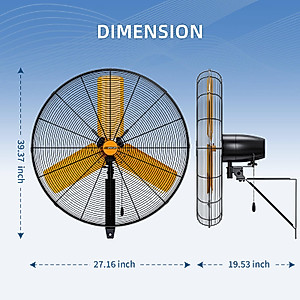 AIRWIZARD 24 inch Oscillating High Velocity Wall Mount Fan, 7600 CFM Industrial Heavy Duty Metal Wall Fan, 3 Speeds, Adjustable Height and Tilt, Commercial Shop Fan for Garage, Workshop