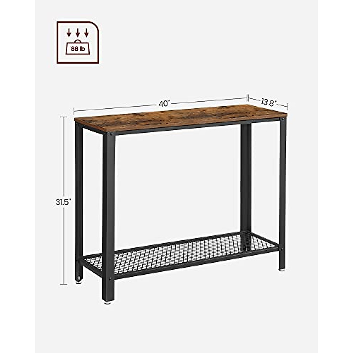 VASAGLE Console Table, 2-Tier Entryway Table with Mesh Shelf, Narrow Sofa Table, Steel Frame, Adjustable Feet, for Hallway, Living Room, Industrial Style, Rustic Brown and Black ULNT80X