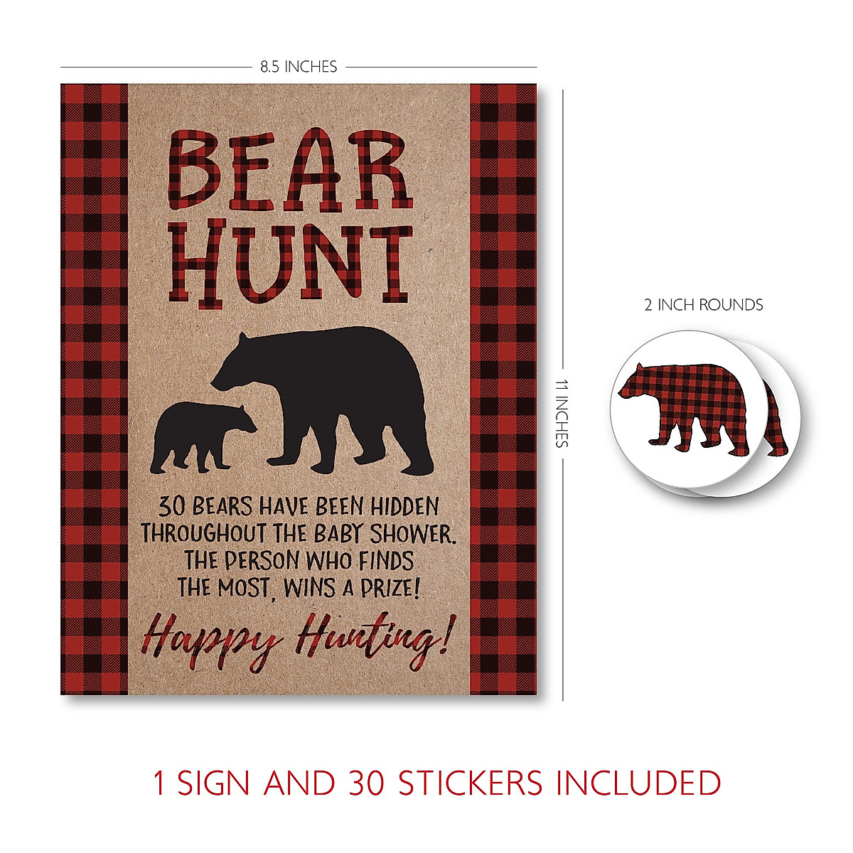 Lumberjack Scavenger Bear Hunt Baby Shower Game - Lumberjack Fun Activities and Decorations - Includes 1 (8.5x11 inches) Sign and 30 (2 inches) Bear Stickers