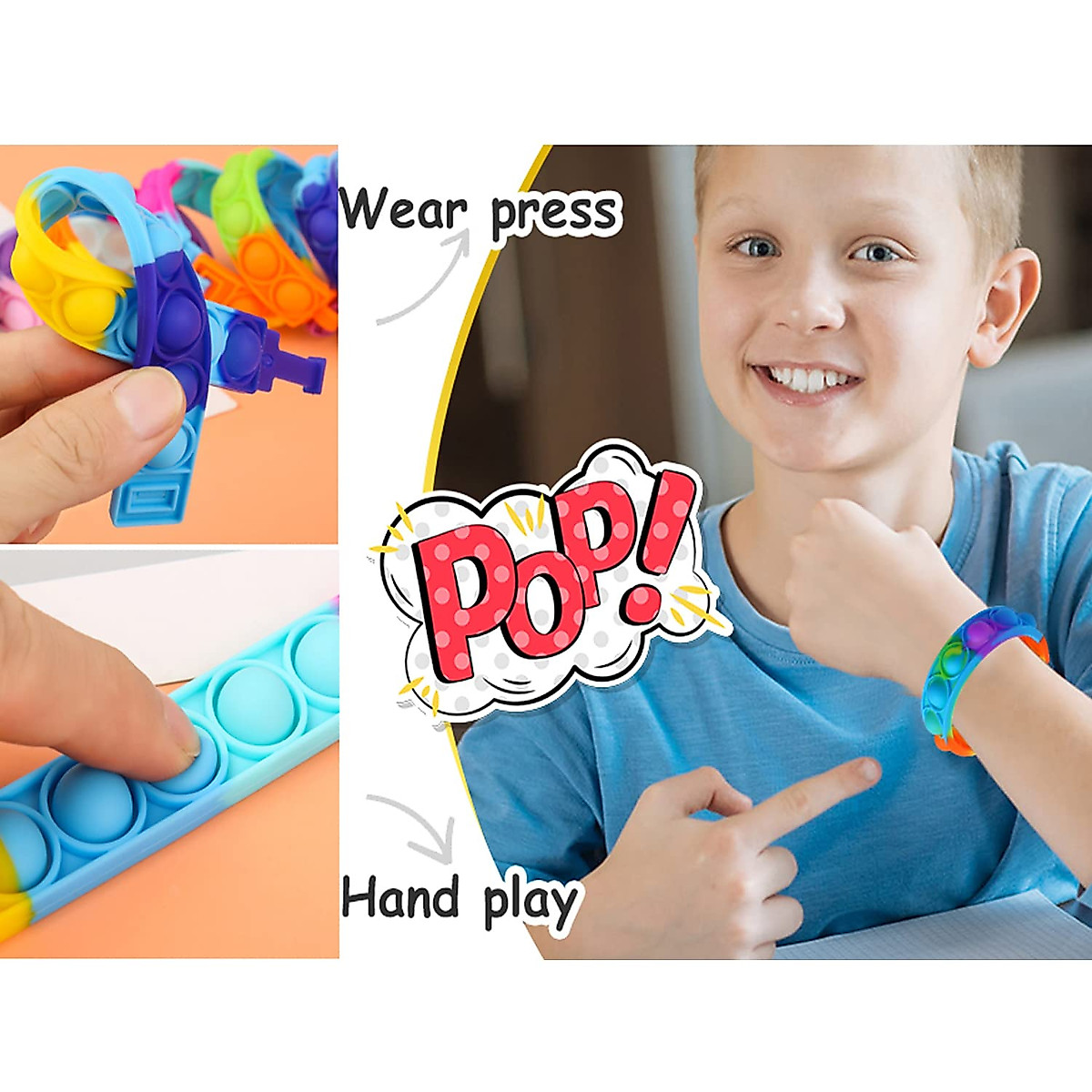 TOMOIN 30 Pcs Pop Fidget Bracelet, Wearable Push Pop Bubble Sensory Toy Stress Relief Silicone WristbandFidget Toy ,for Kids, Adults and ADHD Autism Anxiety Pop Colorful Wristband