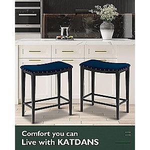 KATDANS Blue Bar Stools Set of 2 Counter Height 24 Inches Backless Barstools for Kitchen Counter Modern Saddle Stools Velvet Nailhead Upholstered Stools, KS718PBL, 2Pcs