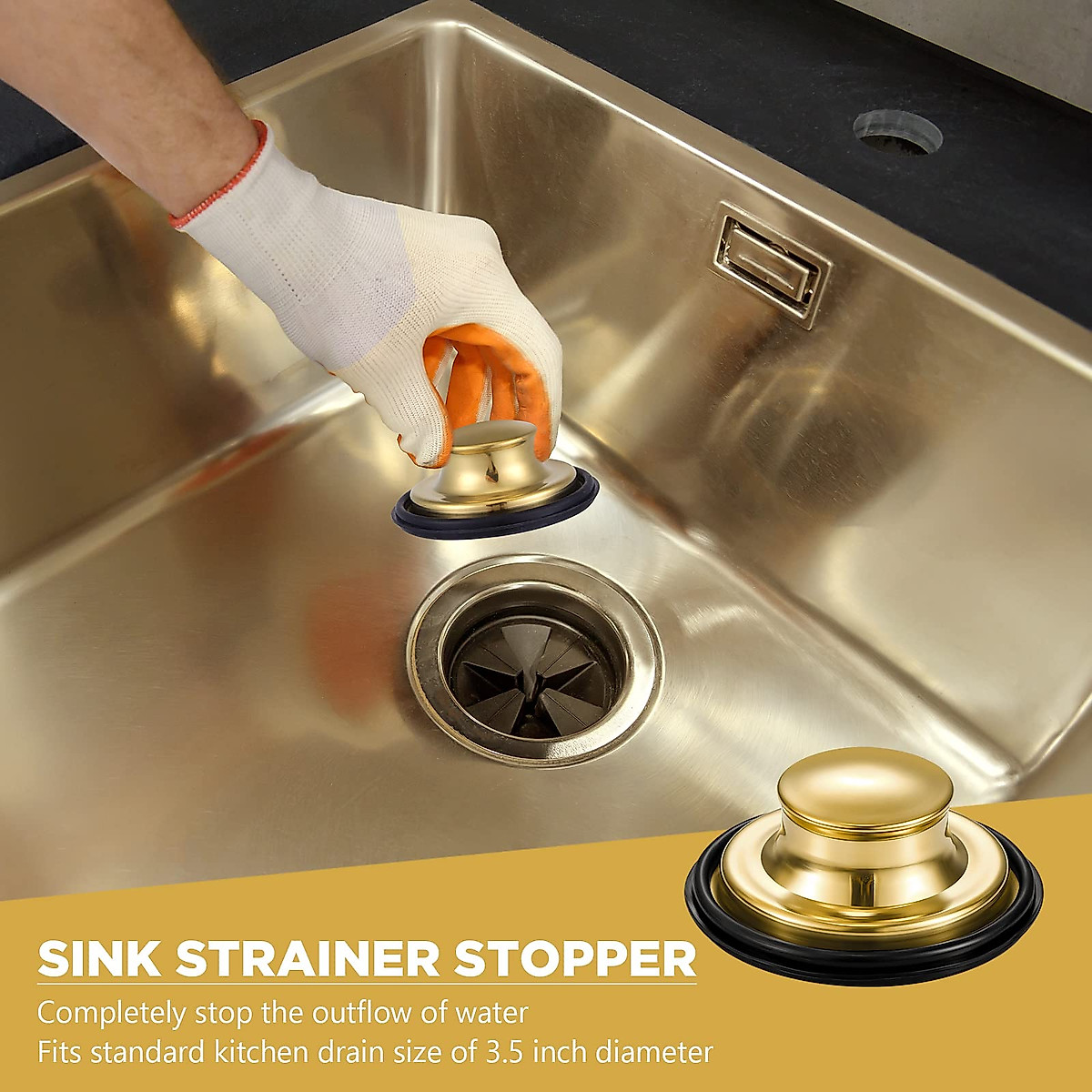 Retisee 2 Pcs Kitchen Sink Drain Strainer Kitchen Sink Stopper Kit Basket Stainless Steel Sink Filter Anti Clogging Sink Plug for Standard 3 1/2 Inch Kitchen Sink Garbage Disposal (Gold)