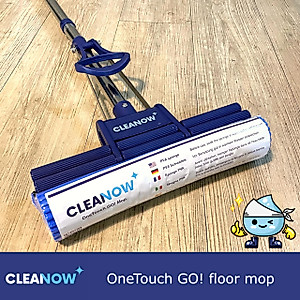 Cleanow OneTouch GO! Floor Cleaner - Floor Mop with Wringing Function - Sponge Mop for Cleaning Floors - PVA Sponge and Stainless Steel Handle