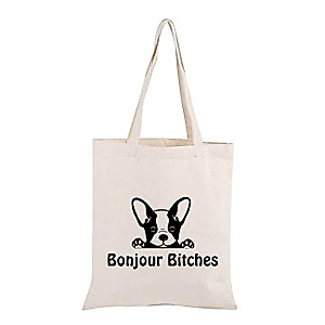 JNIAP French Bulldog Tote Bag French Bulldog Lover Gift Bonjour Bitches Shoulder Handbag French Bulldog Owner Grocery Bag (French Bulldog Tote Bag)