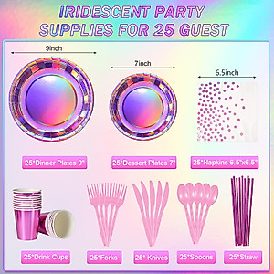 Iridescent Pink Party Supplies Decorations Serve 25, Hot Pink Holographic Paper Plates and Napkins Set, Disposable Pink Paper Plates Cups Knives Spoons Fork for Mermaid Disco Birthday Graduation Party