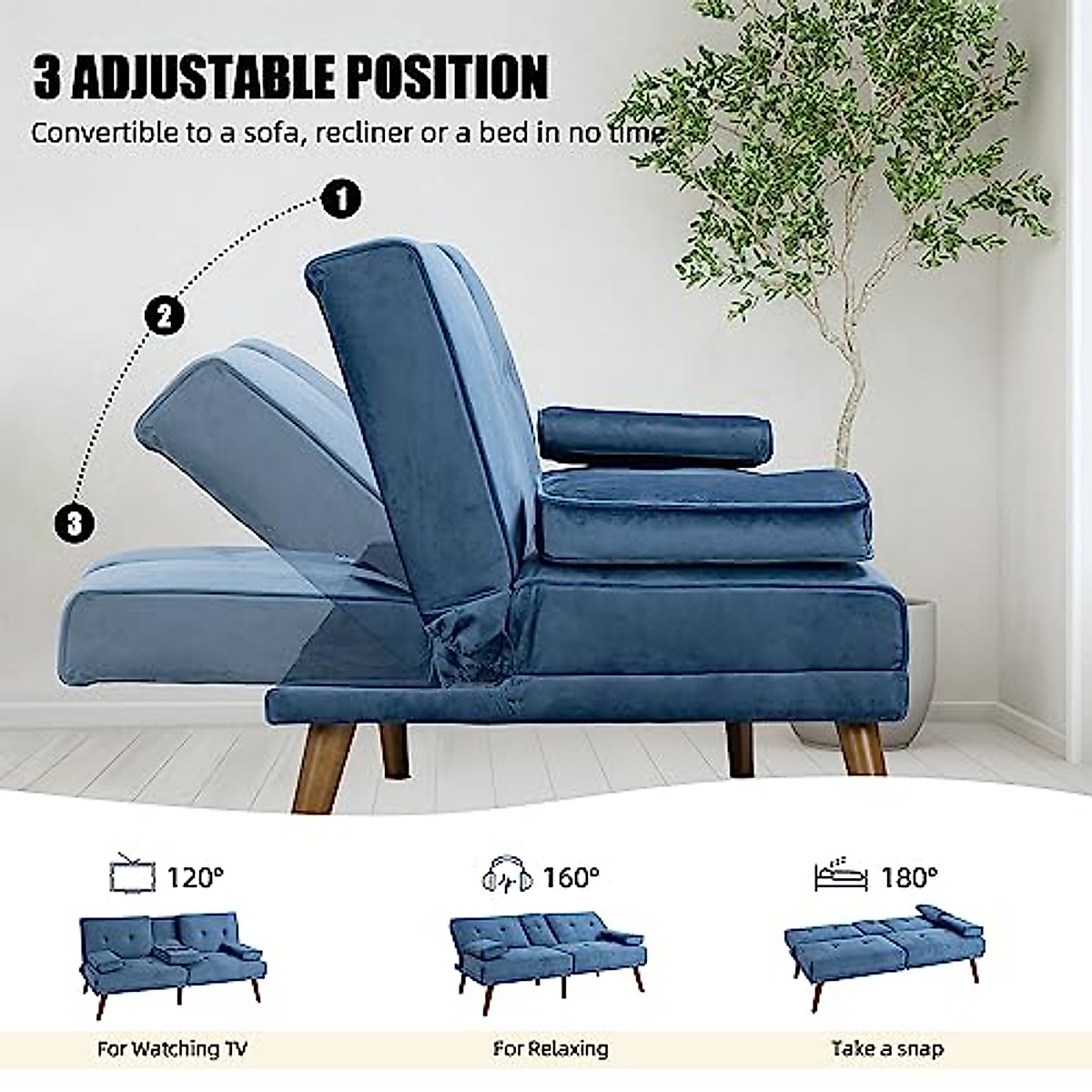 Shintenchi 60" Small Loveseat, 3 in 1 Cute Convertible Sofa Bed, Modern Futon Recliner Sleeper w/2 Cup Holder, Upholstered Folding Couch for Small Space, Blue